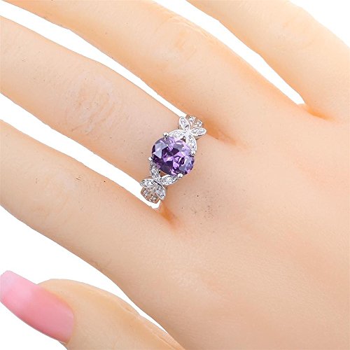 Empsoul Silver Plated Oval Shaped Created Amethyst CZ Filled Butterfly Love Promise Proposal Wedding Engagement Bridal Women Ring Size 8