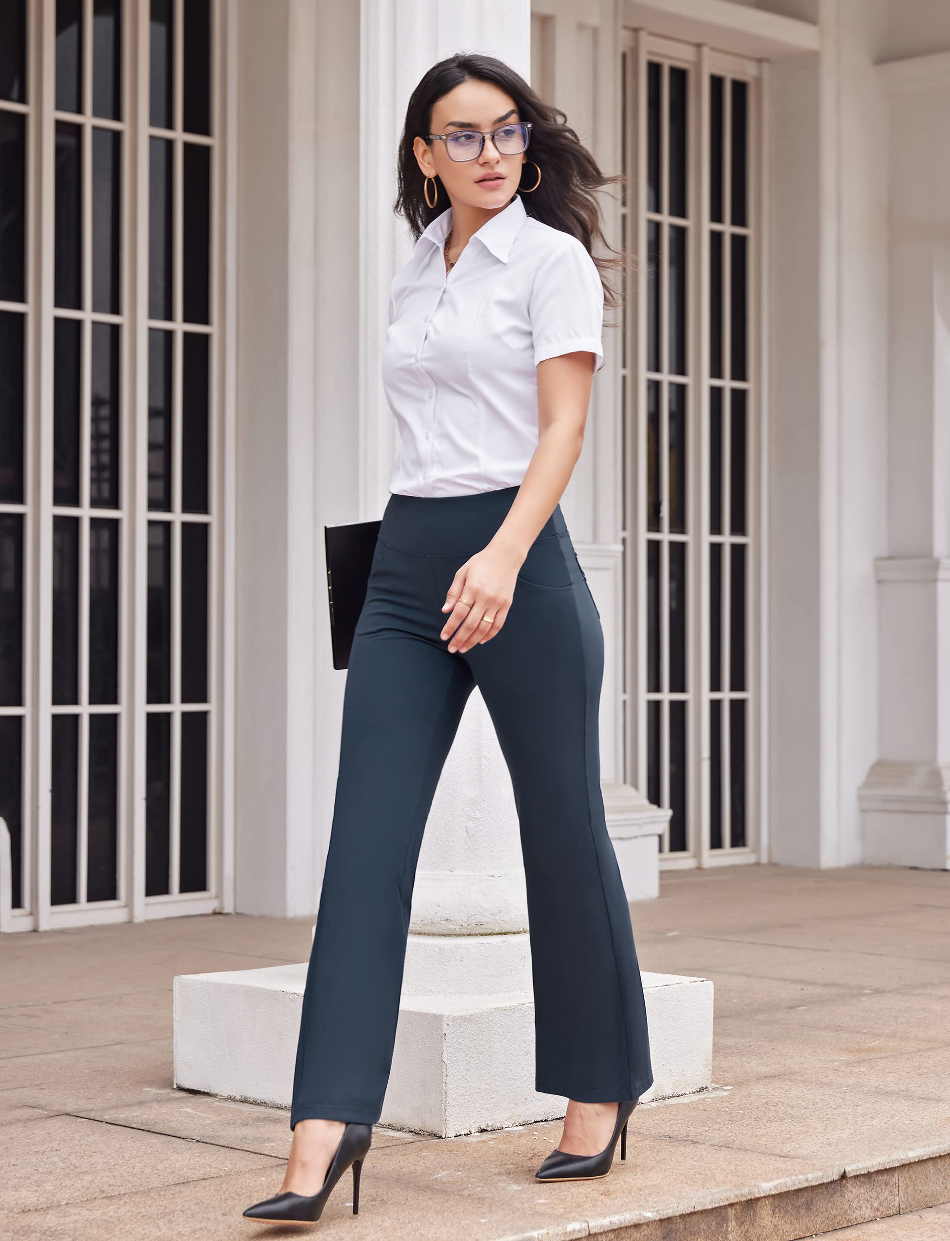 Houmous Women's Bootcut Dress Yoga Pants with Pockets High Waist Stretch Casual Pull On Work Pants for Office Business(Bluegrey, XXL)
