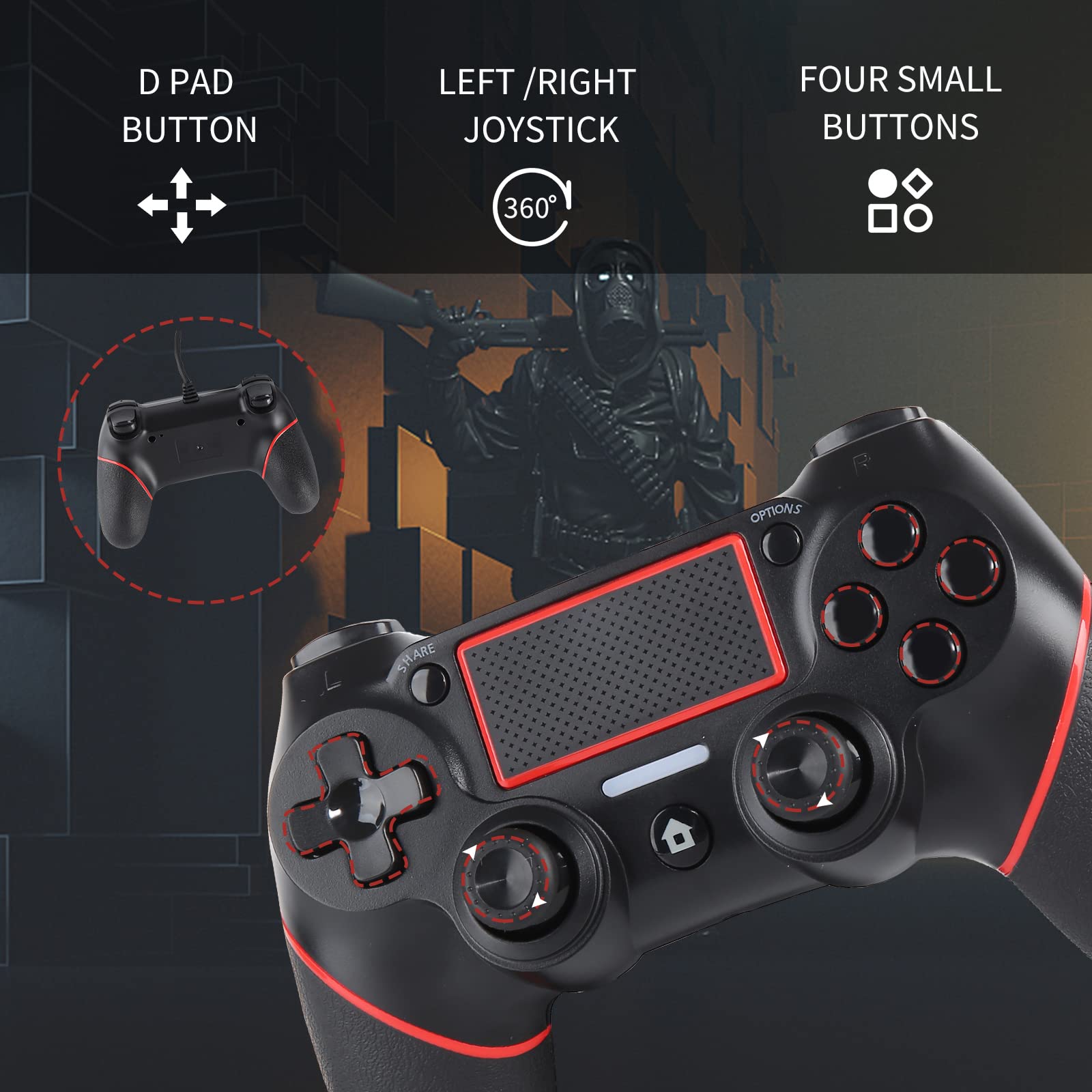 GURKSKY Replacement for PS4 Controller, Wired Joystick for Ps4/Pro/Slim/PC, Gamepad with Dual Vibration and LED Indicator, 2 Meters Cable, Red Line