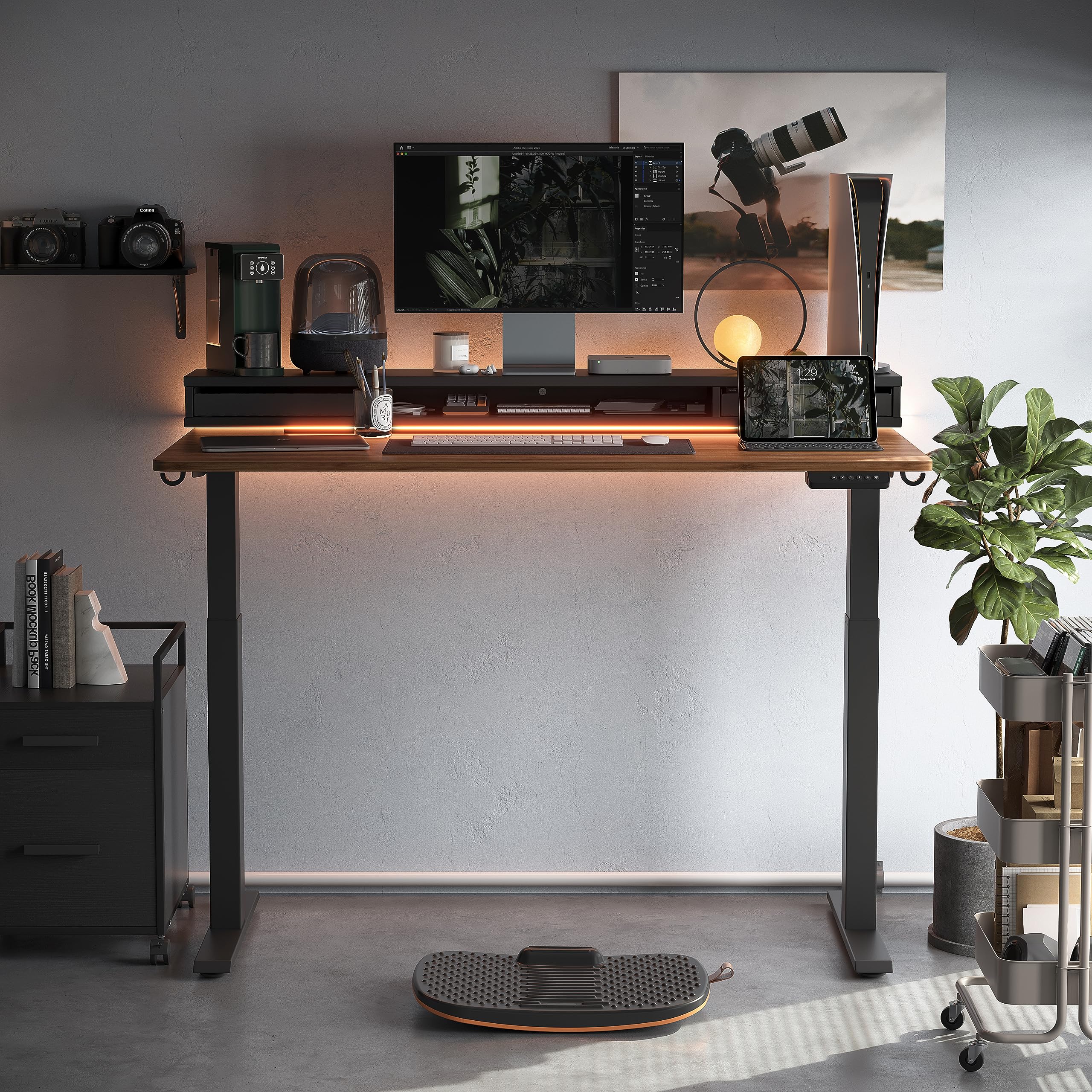 FEZIBO Height Adjustable Electric Standing Desk with Keyboard Tray, 55 x 24 Inch Stand Up Table with Storage Shelf, Sit Stand Desk, Rustic Top