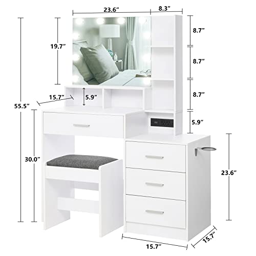usikey Large Vanity Table Set with Lighted Mirror & Charging Station, Makeup Vanity Dressing Table with 4 Storage Shelves and 4 Drawers, Vanity Desk with 3-Drawer Chest and Cushioned Stool, White