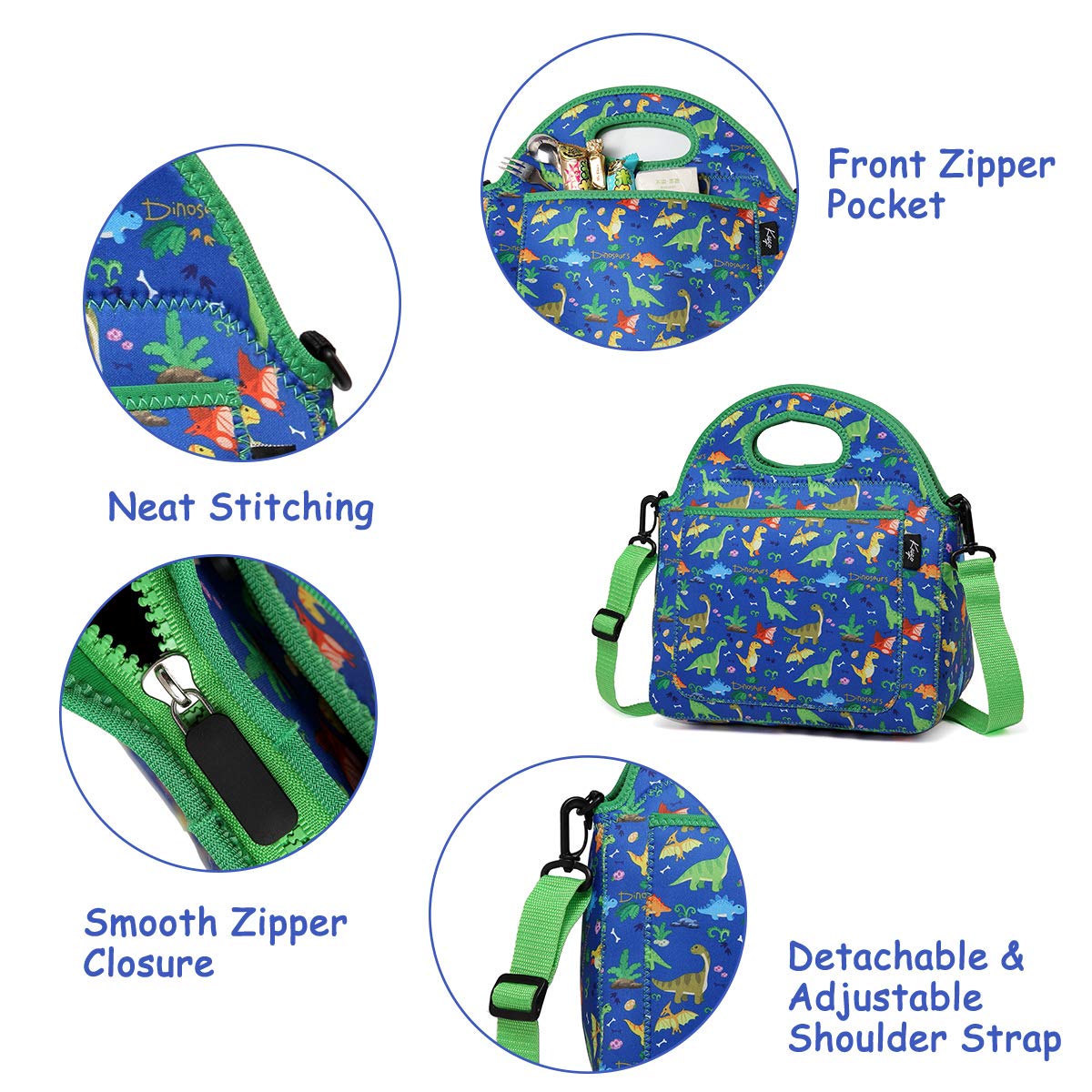 Kasqo Lunch Bag for Kids, Neoprene Insulated Boys Lunch Boxes Childrenās Lunch Tote with Front Pocket and Detachable Adjustable Shoulder Strap in Cute Dinosaur
