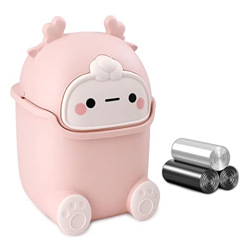 QLFJ-FurDec Cute Desktop Trash Can Wastebasket with 90 Trash Bags, Creative Tiny Countertop Garbage Can with Flip Lid, Small Plastic Storage Bin for Bedroom Bathroom Living Room Dressing Table(Pink)