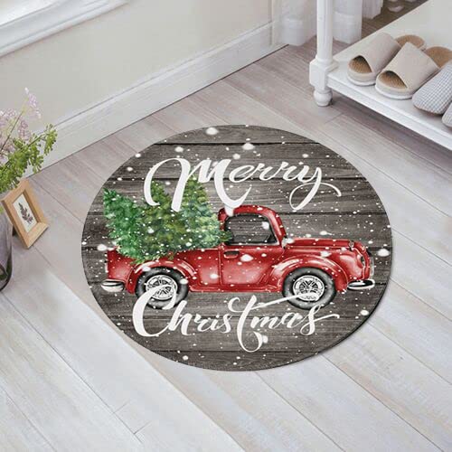 YETTA YANG Farm Rustic Vintage Retro Old Christmas Red Truck Fun Indoor and Outdoor Door Round Mat Welcome Mat Non-Slip Home Decoration Mat Housewarming Gift 23.6in 60cm