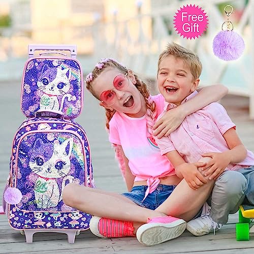 UFNDC 4PCS Rolling Backpack for Girls, Kids Cat Sequin Wheeled Bookbag ,Travel Roller School Bag with Wheels