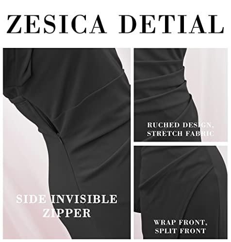 ZESICA Women's 2023 One Shoulder Long Sleeve Cocktail Dress Sexy High Slit Ruched Bodycon Wedding Guest Maxi Dresses,Black,Large