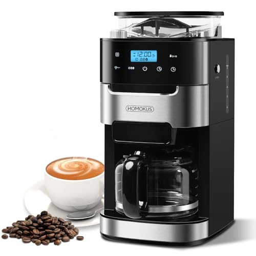 HOMOKUS 10-Cup Coffee Maker with Grinder, Touch Screen, Automatic Brew, Warming Plate, 1.5L Water Tank, Removable Filter - For Home and Office