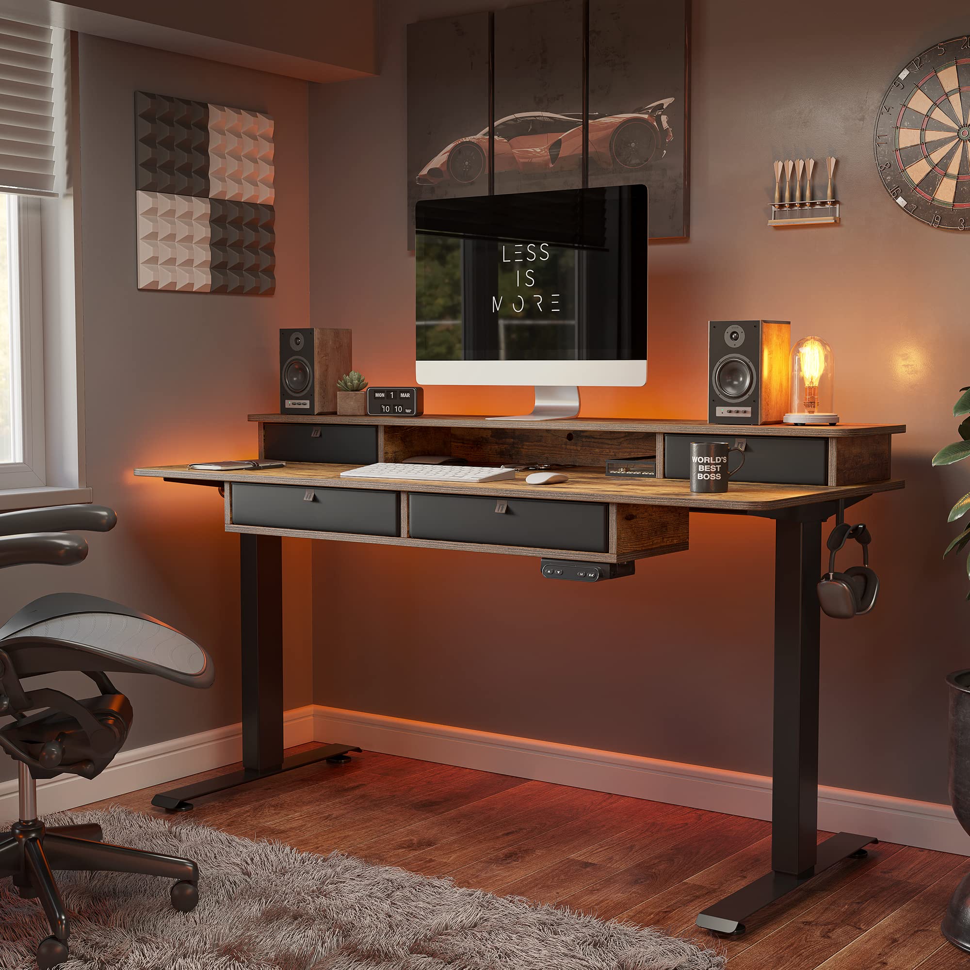 FEZIBO Height Adjustable Desk with 4 Drawers Storage and Anti Fatigue Mat