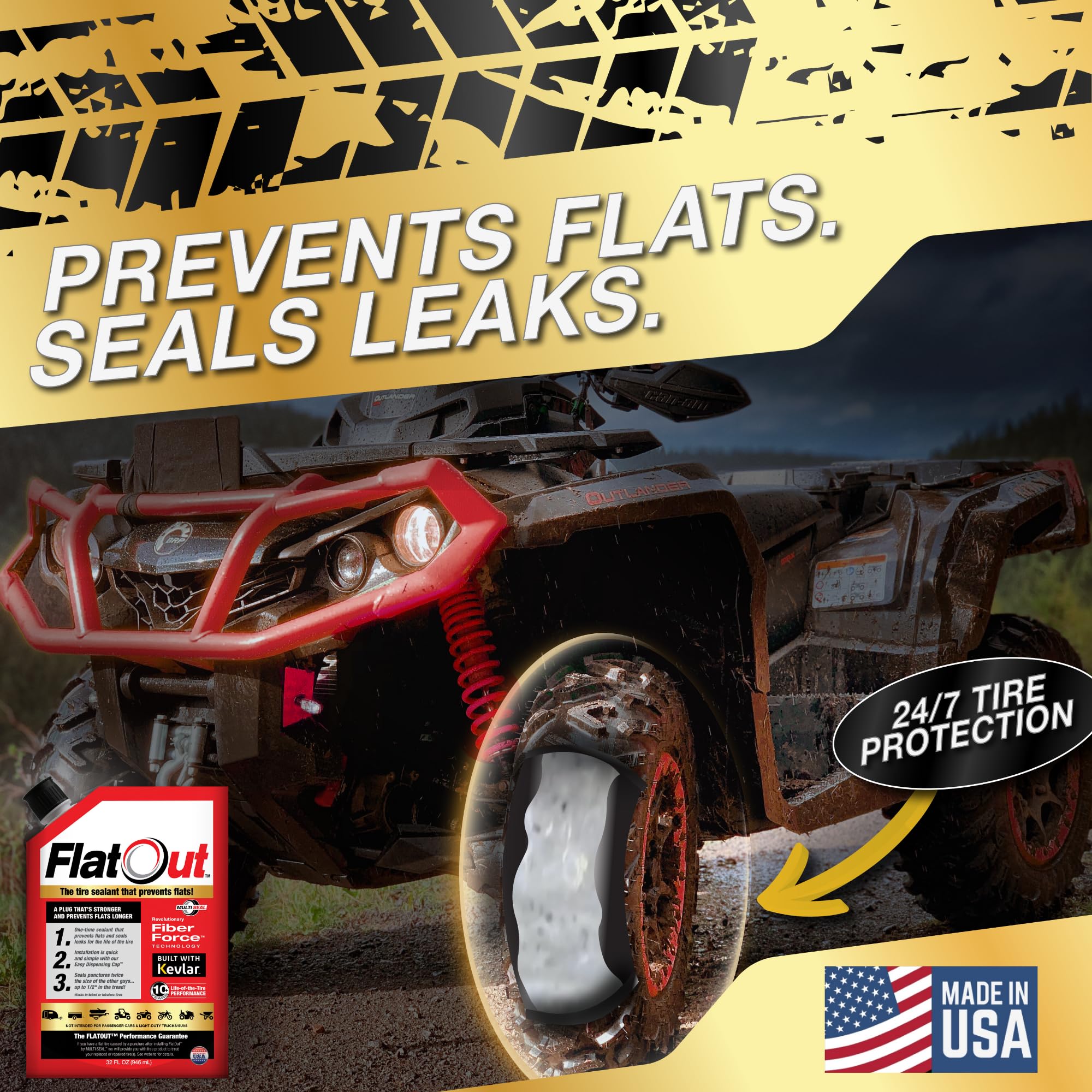 FlatOut Off Road Tire Sealant, Multi-Purpose Formula, Prevents Flat Tires, Fix a Flat Tire, Seals Leaks, Conatins Kevlar, 32 Ounce Bag, 1-Pack