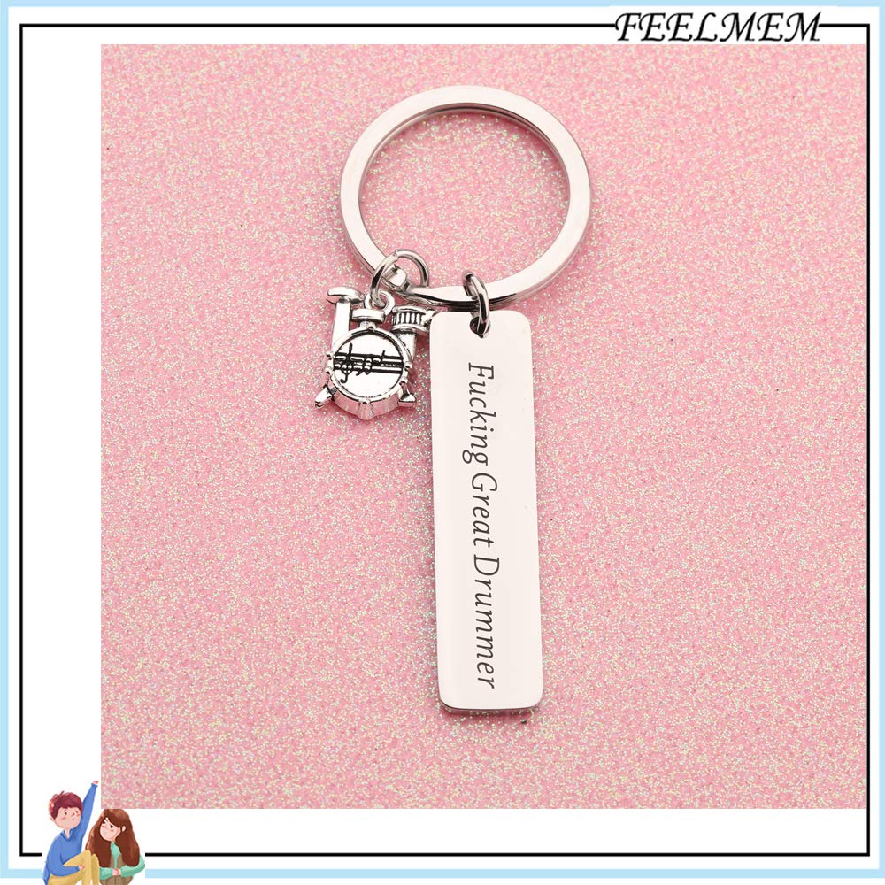 FEELMEM Drummer Gift Jewelry Fucking Great Drummer Keychain Percussion Jewelry Drum Player Band Gifts Drum Kit Gifts Musician Gift (Silver)