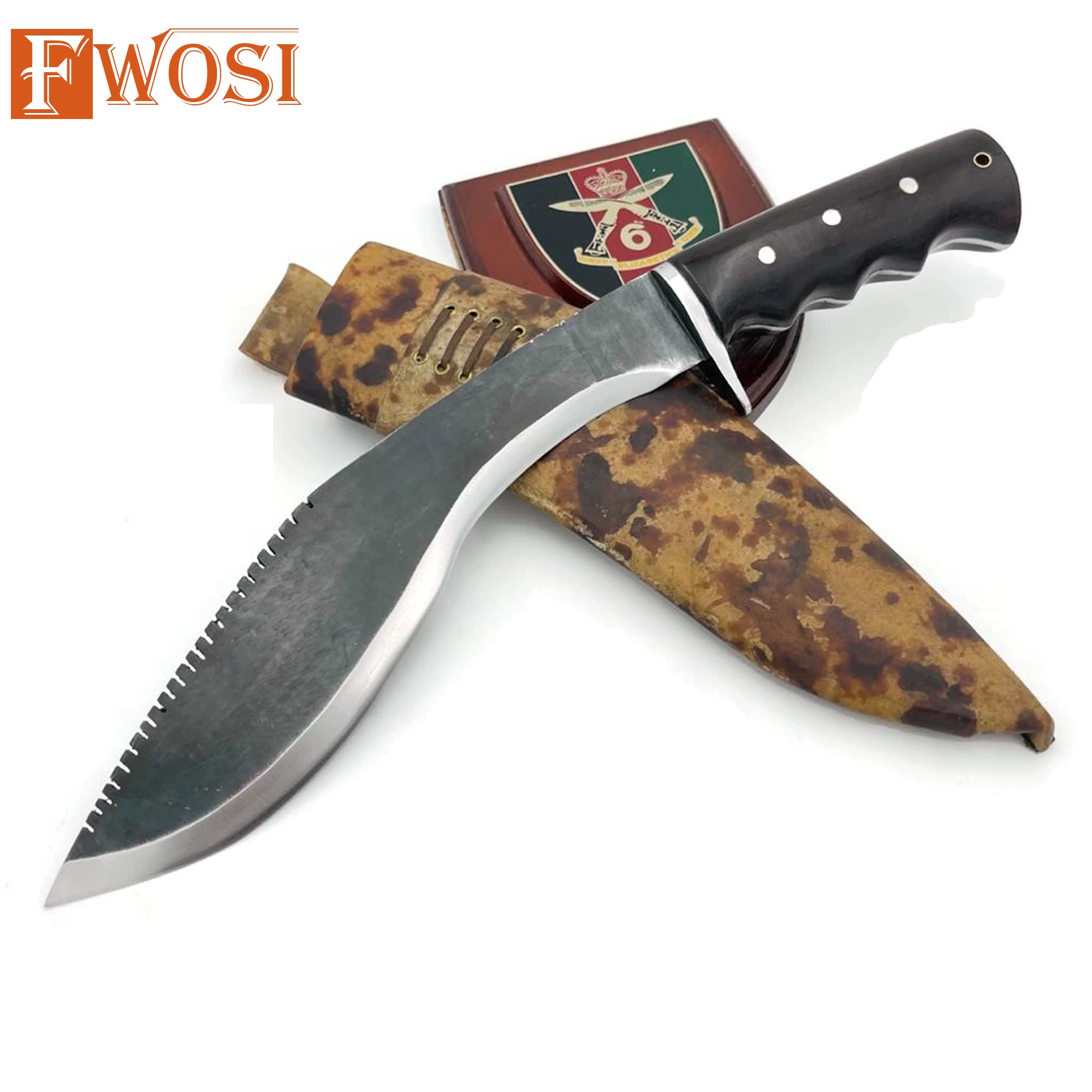 Fwosi Kukri Blade - 13-Inch Fixed Blade Knife, Gorkha Khukuri or Military Kukri - Carbon Steel Blades & Wooden Handle - Plus Leather Sheath with Belt Loop