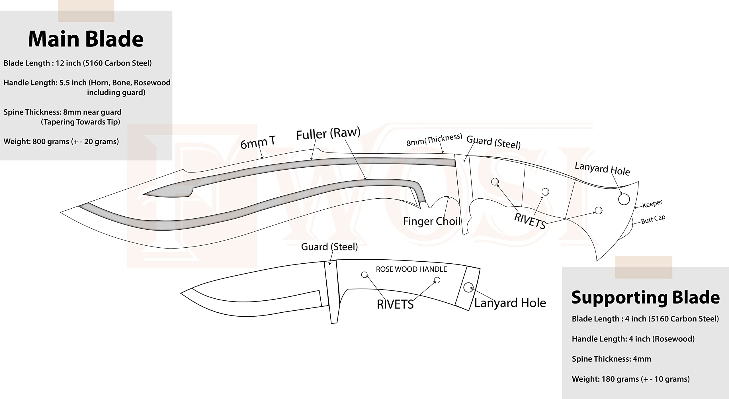 Fwosi Kukri Knife- 13-Inch Sharp Fixed Blade High Carbon Steel Knife With Brown Leather Sheath and Bone & Wood Handle, Nepal Handmade Hunting Knife