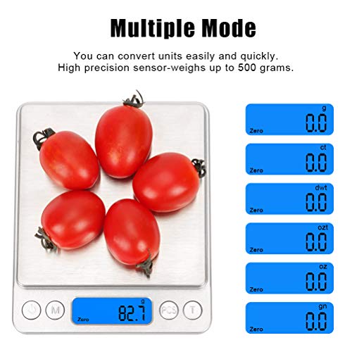 Emoly Food Scale,Digital Kitchen Scale, Mini Size Food Scale 500g/ 0.01g - High Precision Jewelry Weight Scale with Platform, Stainless Steel, LCD Display, Tare，Pcs Features（Does not include battery）