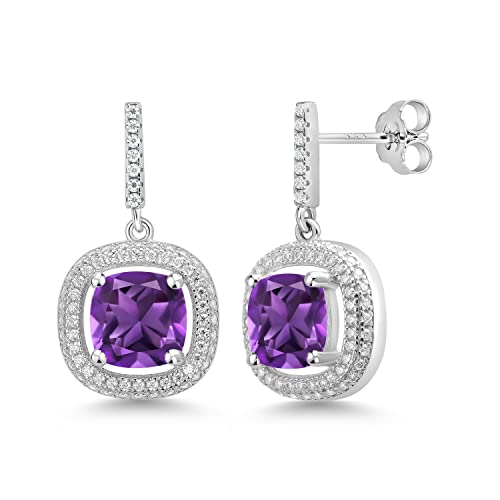 Gem Stone King 925 Sterling Silver Purple Amethyst and White Moissanite Dangle Earrings For Women (4.91 Cttw, Gemstone Birthstone, Cushion 8MM)