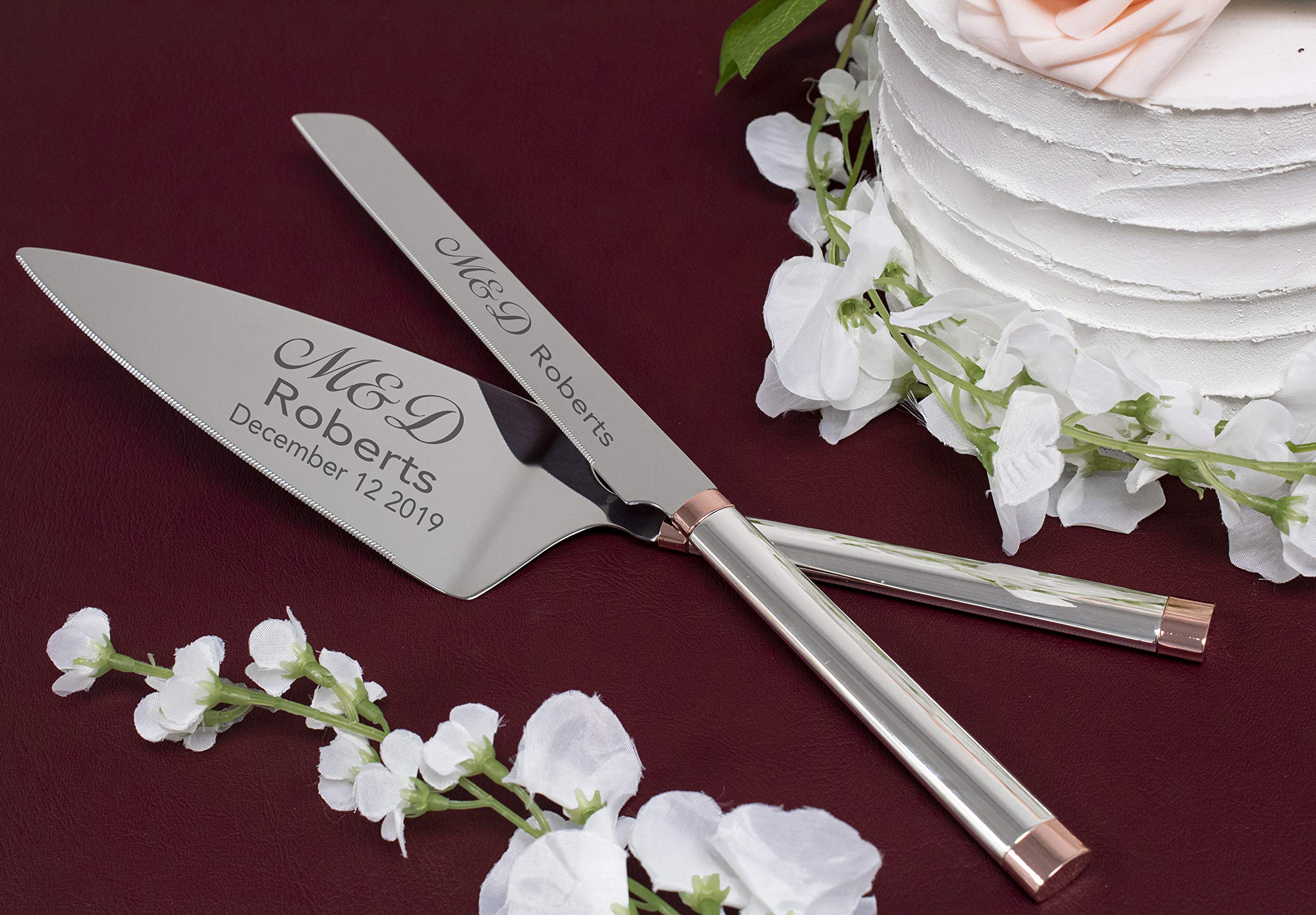 Kate Spade Bridal Rosy Glow Personalized Wedding Cake Knife and Server Set, Custom Engraved Wedding Cake Cutting Set for Bride and Groom
