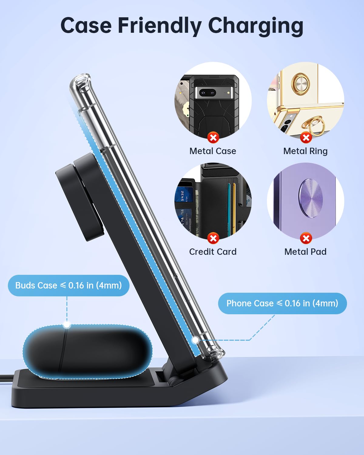 Houflody 3 in 1 Foldable Wireless Charging Station for Google Pixel Watch 1, Pixel Buds Pro and Google Phones Fold/8 Pro/8/7 Pro/7a/7/6 Pro/6/5/4/3/XL, Wireless Charger with QC 18W Adapter, Black