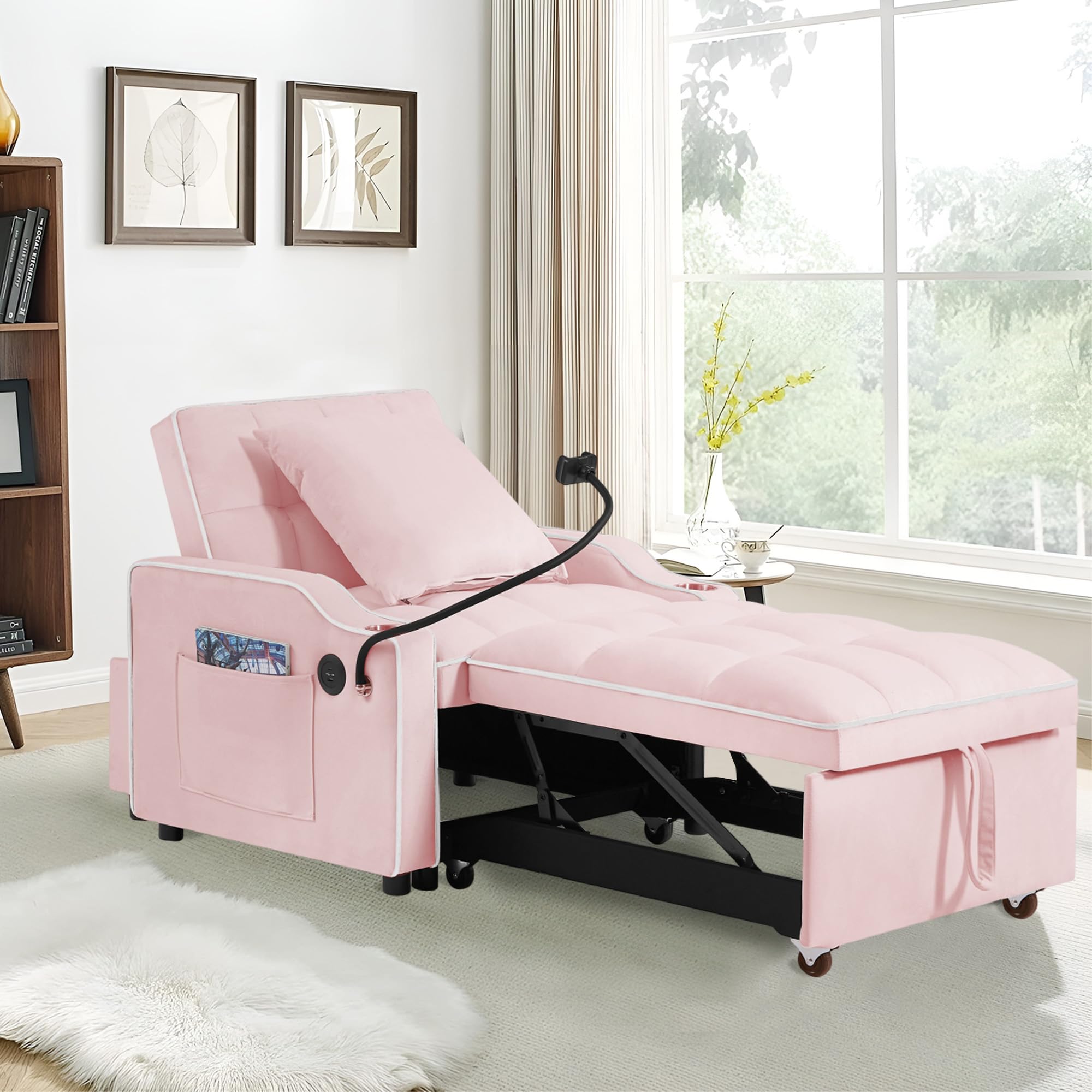 SPOWAY 3 in 1 Sleeper Sofa Couch Bed, Velvet Convertible Single Sleeper Sofa with USB Port and Ashtray and Swivel Phone Stand, Storage Pockets, Pull Out Single Sleeper for Living Room, Pink