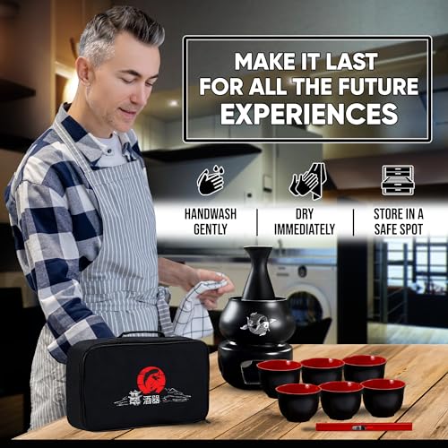 Japanese Sake Set with Warmer | 11 pc | 6 sake cups only | non electric sake warmer | sake bottle | candles | lighter | bamboo sake flight tray for sake cup set | bomb gift kit for chinese sake set