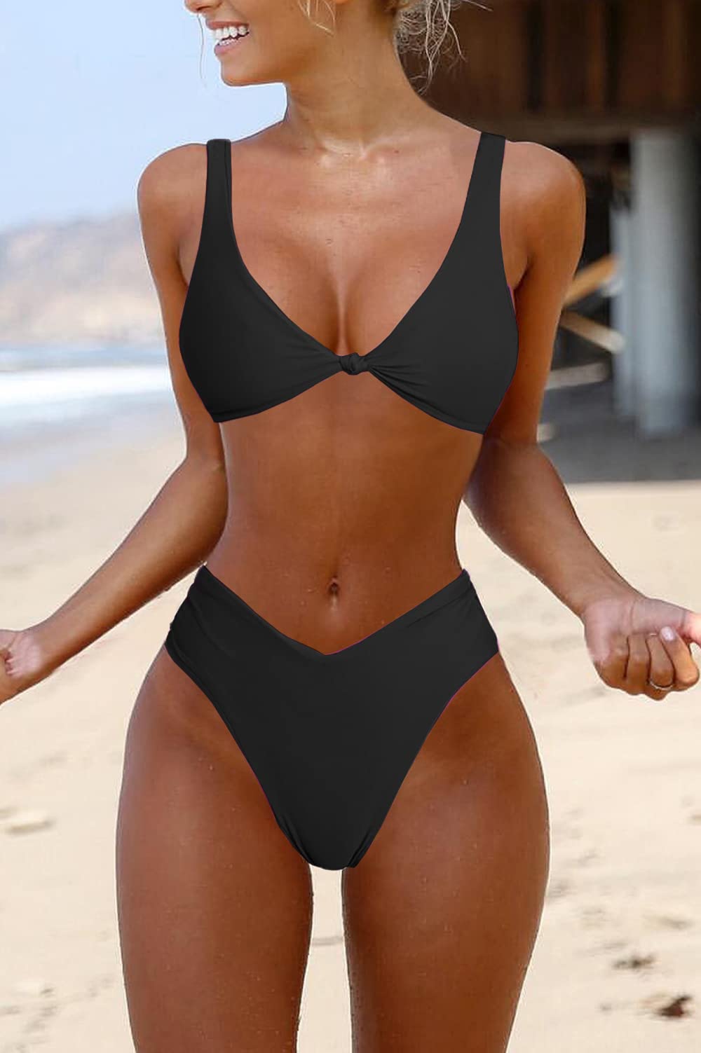 geluboao Womens Black Bikini Set High Waisted V Neck Swimsuit Sexy Kont Front Push Up Cheeky Brazilian Cut Thong Two Piece Bathing Suit M