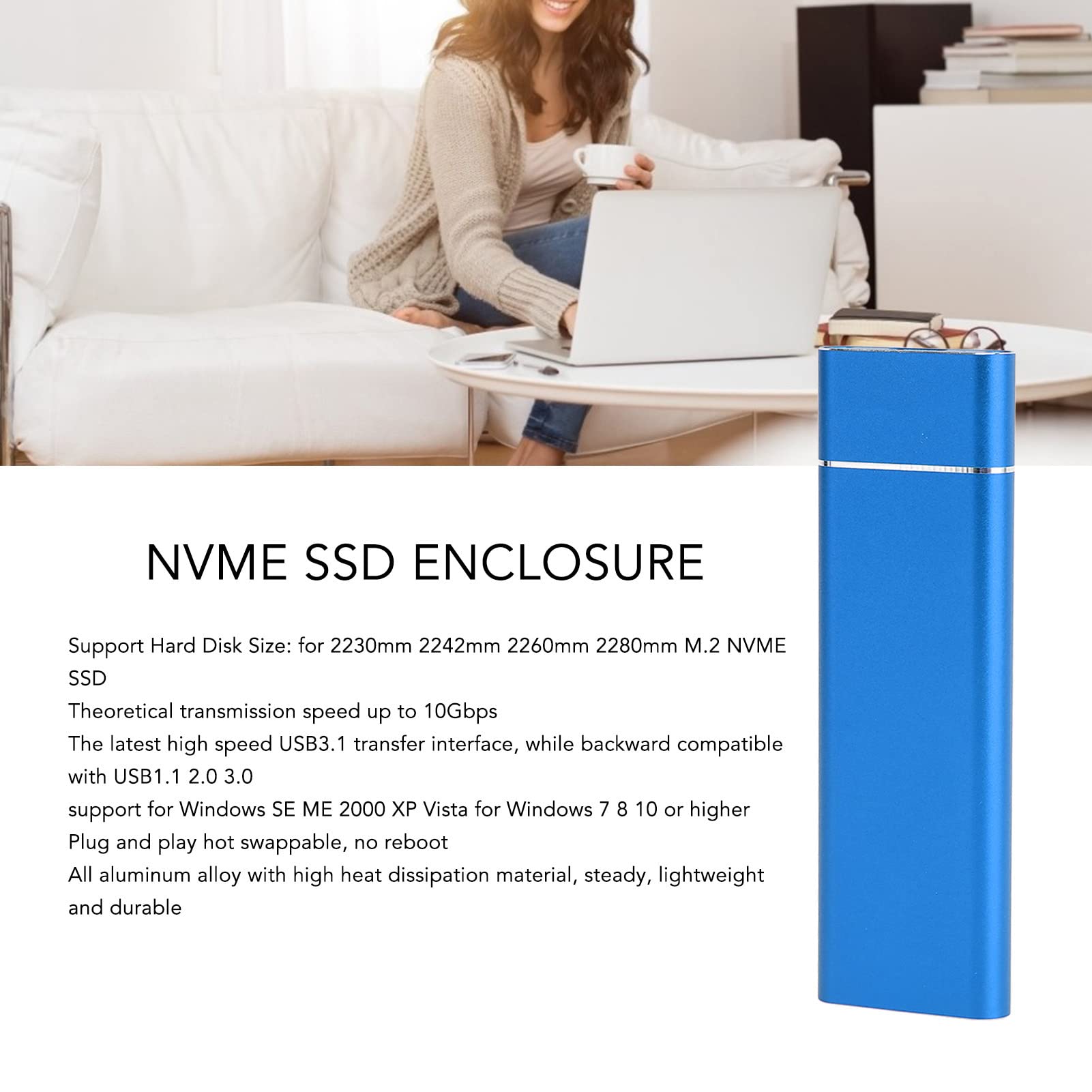 NVME SSD Plug and Play Dual Protocol Enclosure SSD Enclosure High Heat Dissipation for 2260mm (Blue)