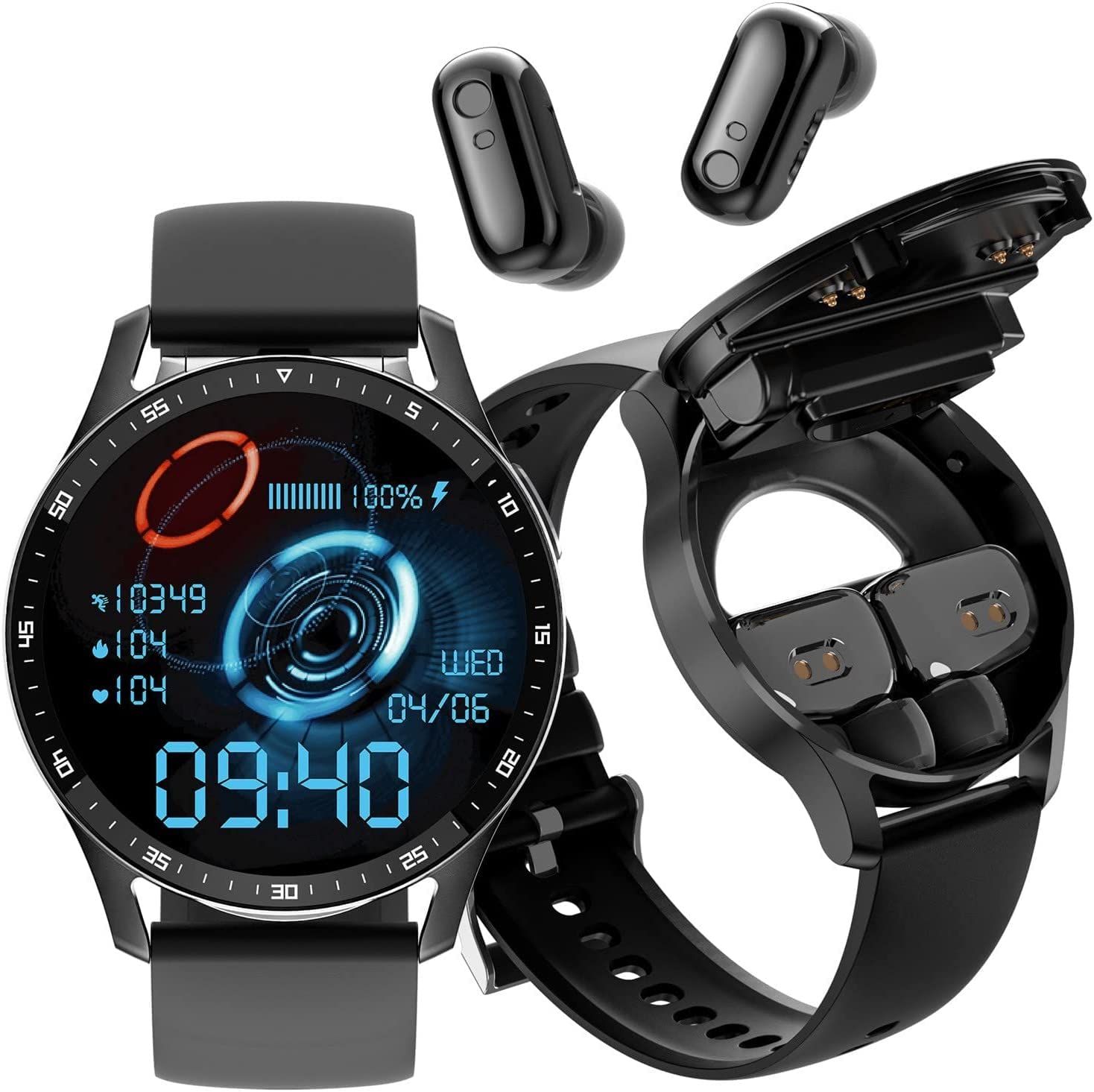 MEGCCR Smartwatch with Wireless Headphones 2-in-1 Watch Earbuds Alloy Ultra-Thin 1.32" IPS Touch Screen IP67 Waterproof Multi-Sport Mode for iOS&Android (Black)