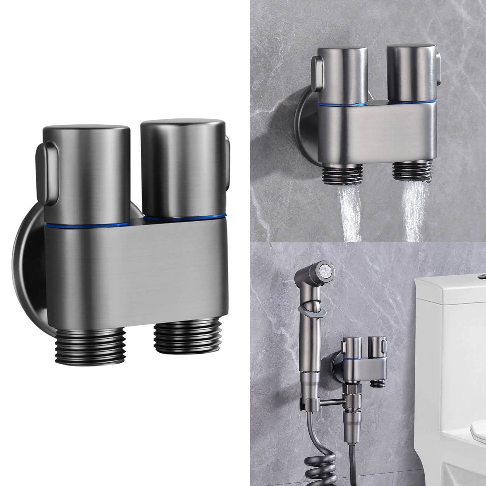 Nawwgy Brass 3-Way Filling Angle Wall Mount One Into Two Out Water Toilet Faucet Bidet Sprayer for Bathroom Accessories, Gray