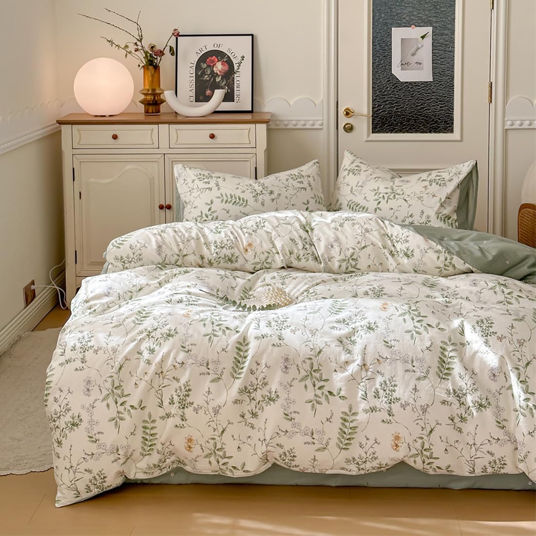 Nayoroom Floral Duvet Cover Queen Size 100% Cotton Reversible Green Botanical Leaf Printd on White Comforter Cover 3 Pieces Soft Breathable Spring Cottagecore Bedding Set with Zipper Closure