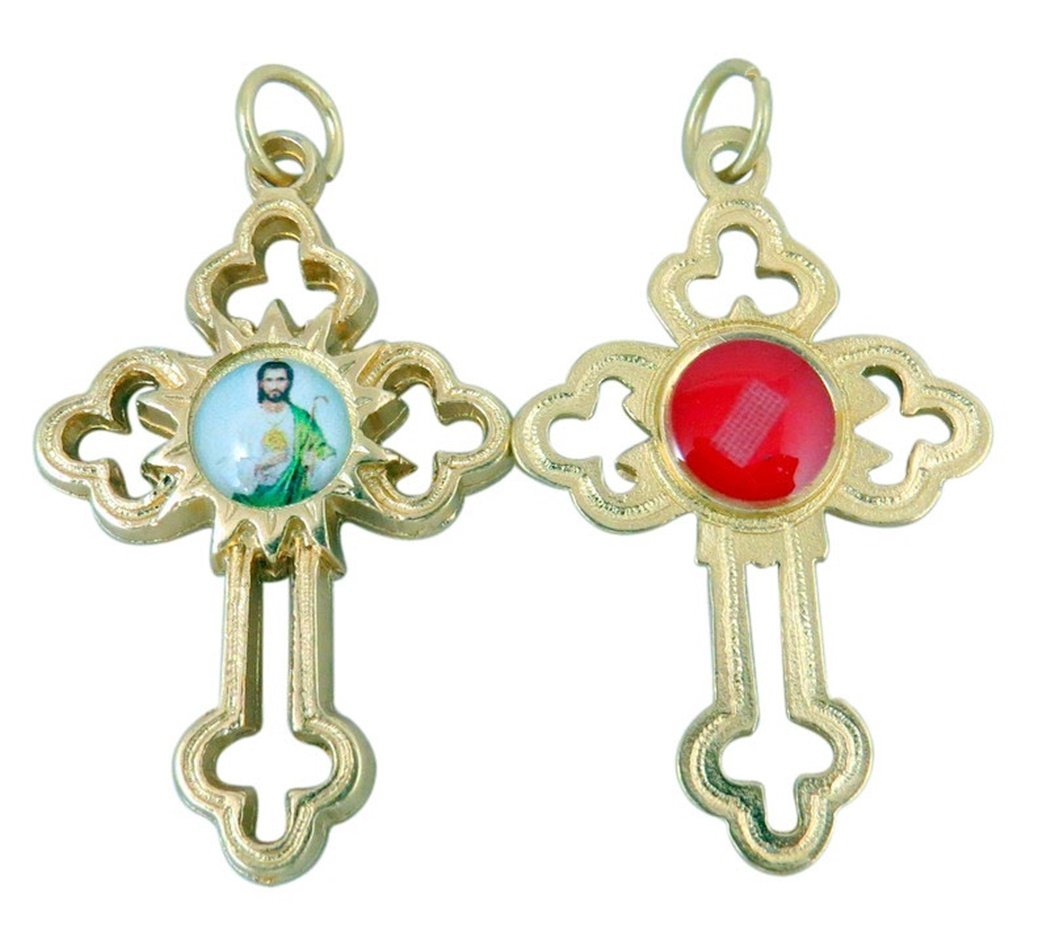 Gold Toned Base Saint Jude The Apostle Cross with 3rd Class Relic, 1 1/2 Inch