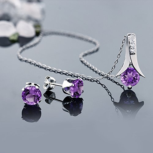 Gem Stone King 925 Sterling Silver Round Cut Purple Amethyst Earrings Pendant Set For Women (2.25 Carat, Gemstone Birthstone, with 18 Inch Silver Chain)