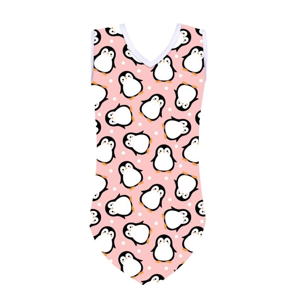FKELYI Cute Cartoon Penguin Print Pink Gymnastics Leotards Ballet Dancewear Sleeveless Practice Outfit Bathing Suit 5-6T