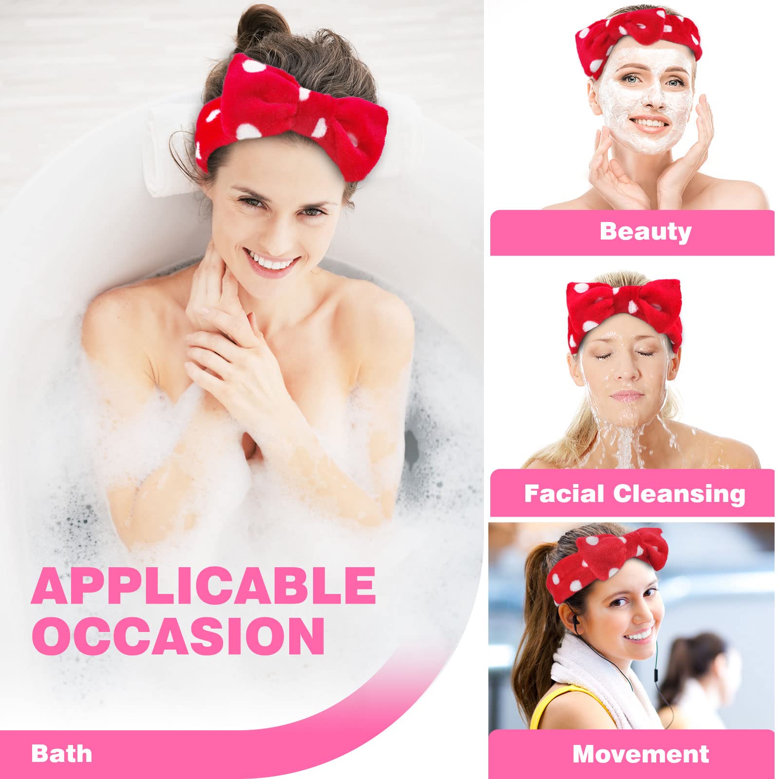 EDOBLUE Make-up Face Wash Shower Headband,Bowknot Fibre Hair Wrap for Shower Wash face Bath Spa (Red)