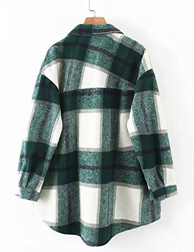 Tanming Womens Brushed Flannel Plaid Lapel Button Short Pocketed Shacket Shirts Coats(01 Green-M)
