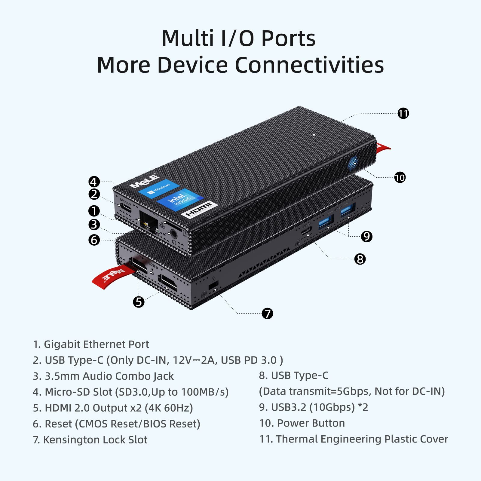 MeLE N5105 Fanless Mini PC Stick PCG02 Pro, 8GB 128GB Mini Computer Stick Windows 11 Pro, Dual HDMI 4K, Wi-Fi 6, Gigabit Ethernet, BT 5.2, USB 3.2 * 2, USB-C Micro PC with VESA Mount