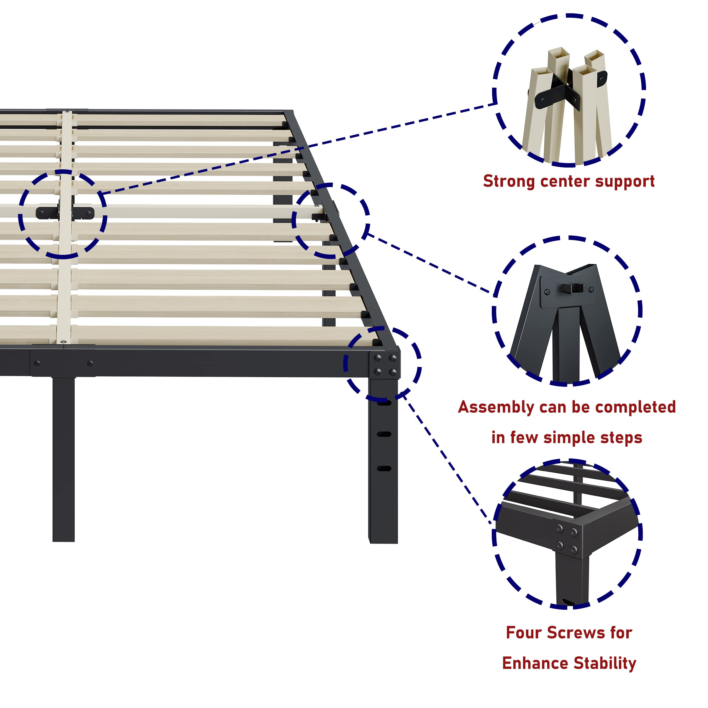 ZIYOO Full Size Bed Frame, 18 Inches Tall, 3 Inches Wide Wood Slats with 3500 Pounds Support for Foam Mattress, No Box Spring Needed, Heavy Duty Metal Platform, Easy Assembly, Noise Free