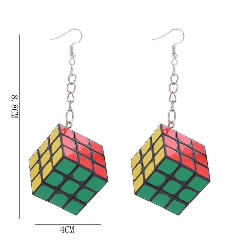 Handmade Creative Cute Real Magic Cube Dangle Earrings Personality Puzzle Cube Play Cartoon Funny Earrrings for Women Girls Punk Jewelry-A ear hook
