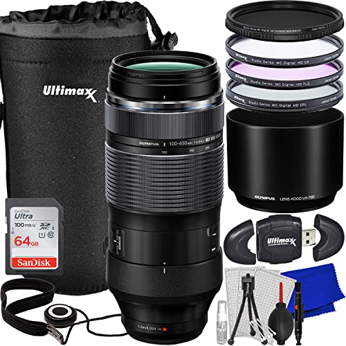 Ultimaxx Deluxe Bundle + Olympus M.Zuiko Digital ED 100-400mm f/5-6.3 is Lens + SanDisk 64GB Ultra SDXC, Variable Neutral Density Filter, 3PC UV Filter Kit, Lens Pouch & Much More (20pc Bundle)