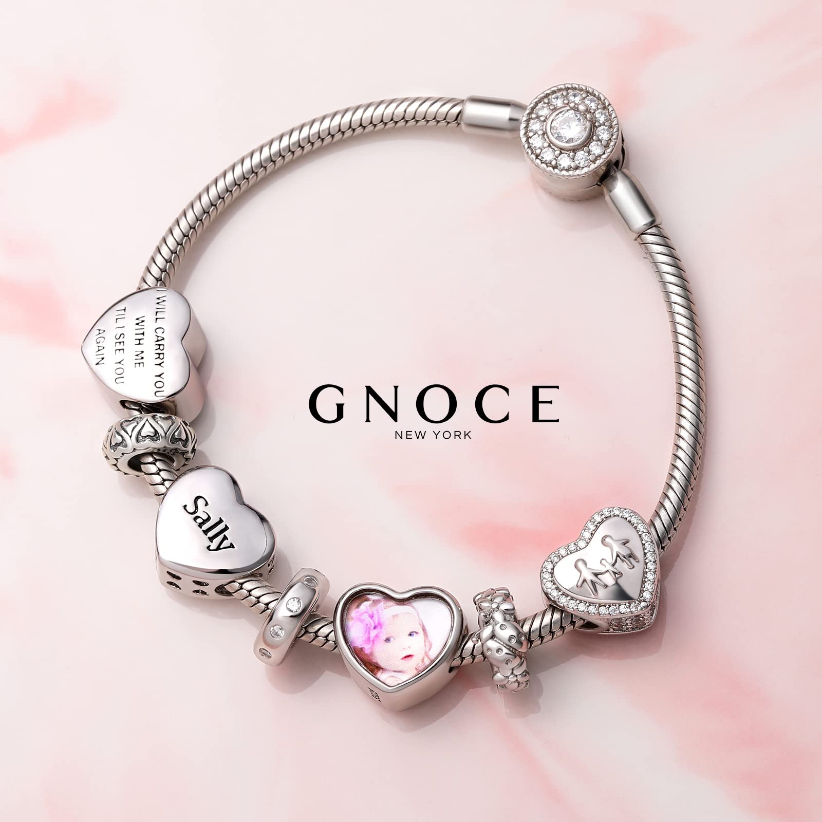 GNOCE Engravable Heart Charms For Bracelets Necklace 925 Sterling Silver Bead Charms For Mother's day Women Jewelry Gift