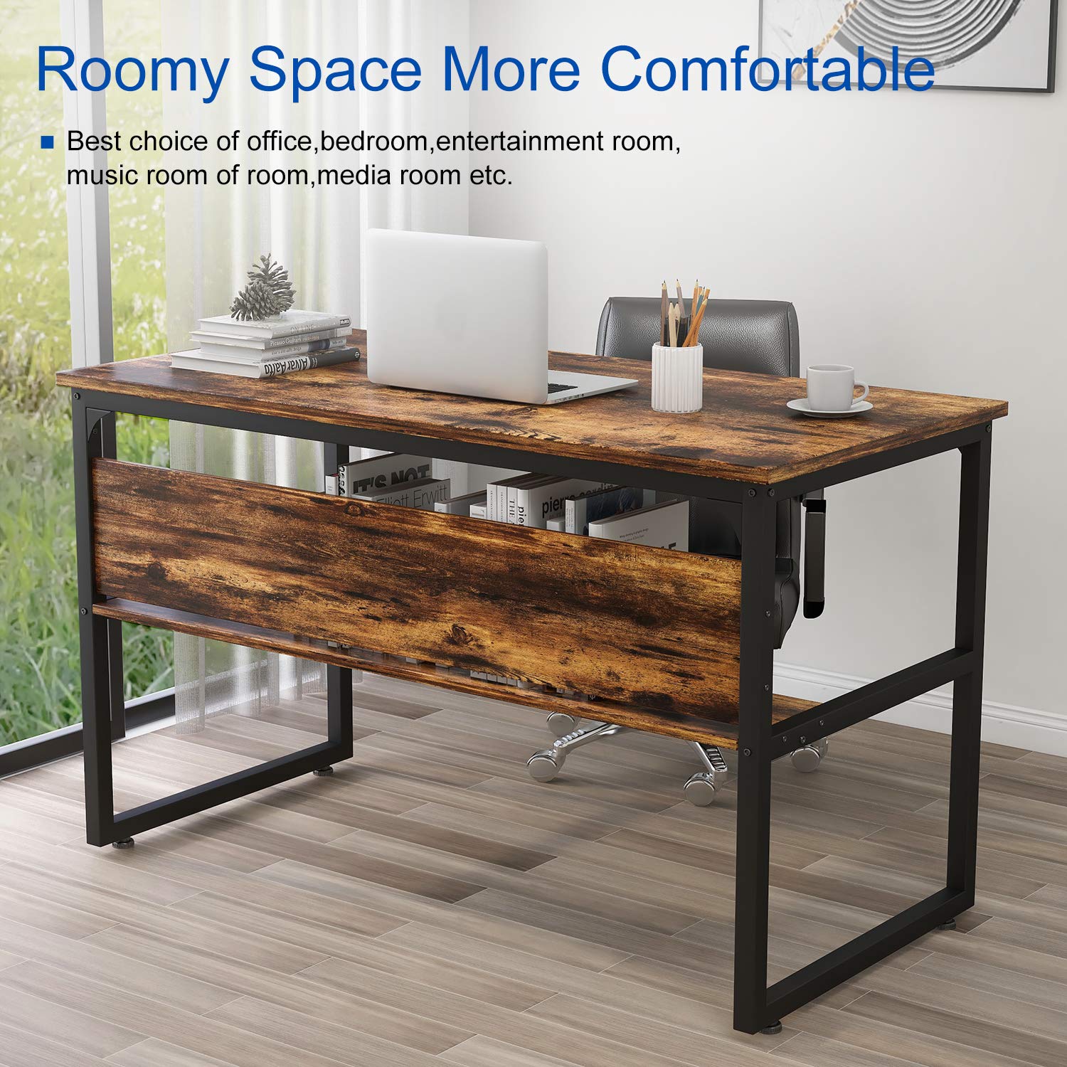 Hanamichi Computer Desk, 55" Computer Table with Bookshelf, Large Space, MDF Durable Board, Environmental Paint, Stable Design for Home Office (Vintage Brown)