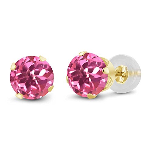 Gem Stone King 14K Yellow Gold Mystic Pink Topaz Stud Earrings | 2.00 Cttw | Gemstone Birthstone | Round 6MM |Gold Earrings for Women