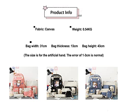 MWZING kawaii Backpack 5 Piece Backpack Set with handbag Pencil Box Small Cell Phone Purse Receive Bag with Pendant Pins Blue
