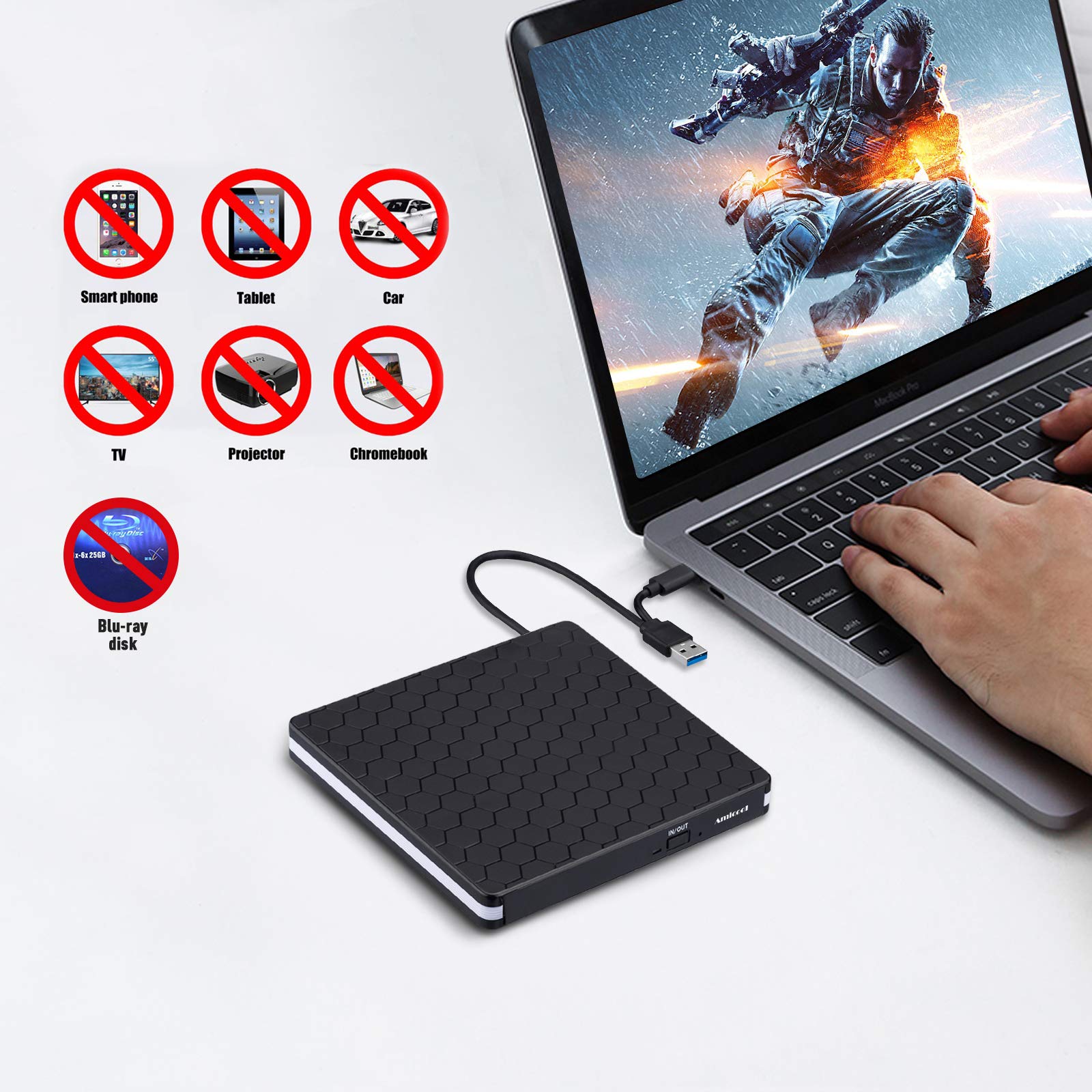 External DVD Drive, Amicool USB 3.0 Type-C CD DVD +/-RW Optical Drive USB C Burner Slim CD/DVD ROM Rewriter Writer Reader Portable for PC Laptop Desktop MacBook Mac Windows 7/8.1/10 Linux OS Apple