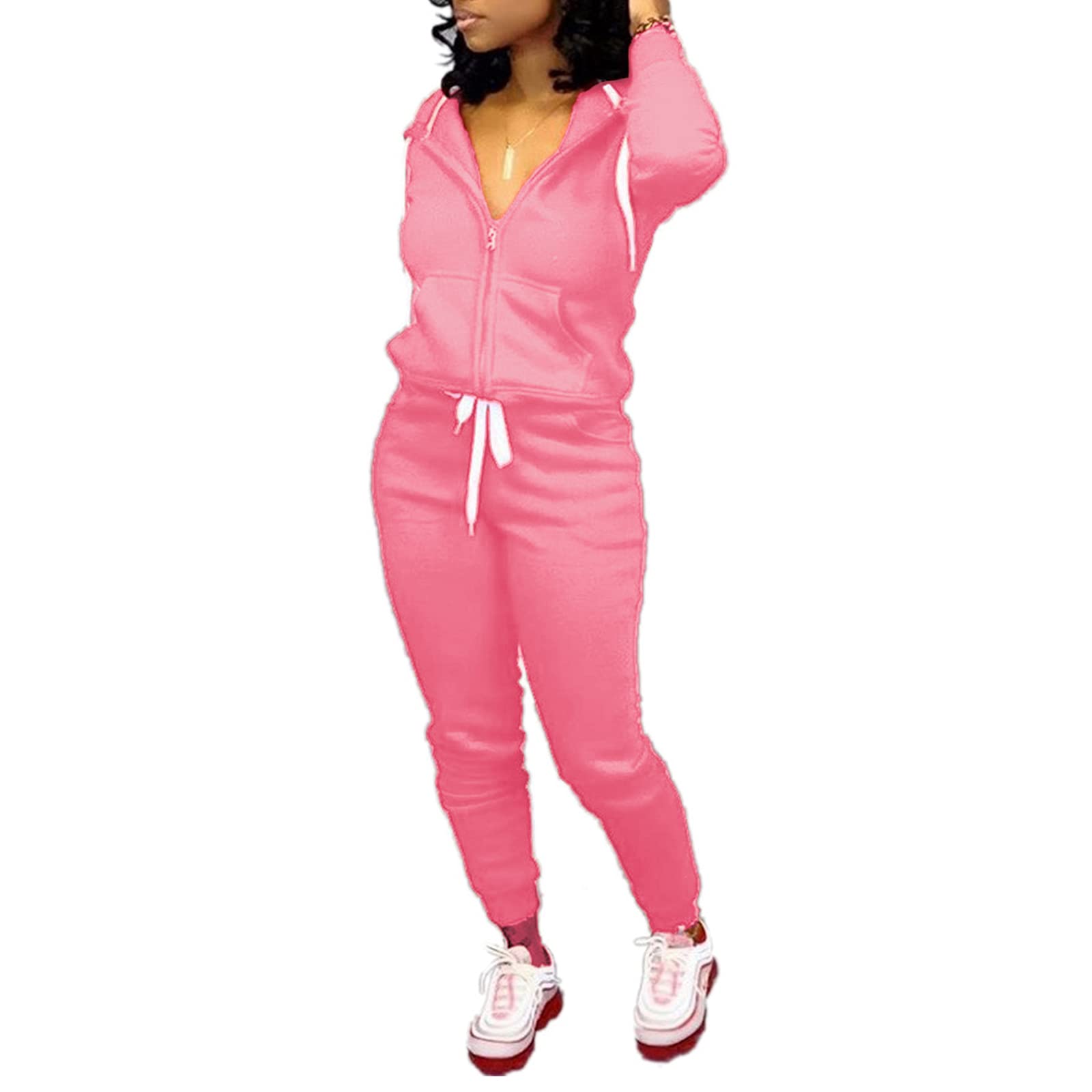 FANDEE Women's Casual 2 Piece for Women Tracksuit Set Zipper Hoodie Sweatsuits Tracksuits with Pockets Pink L