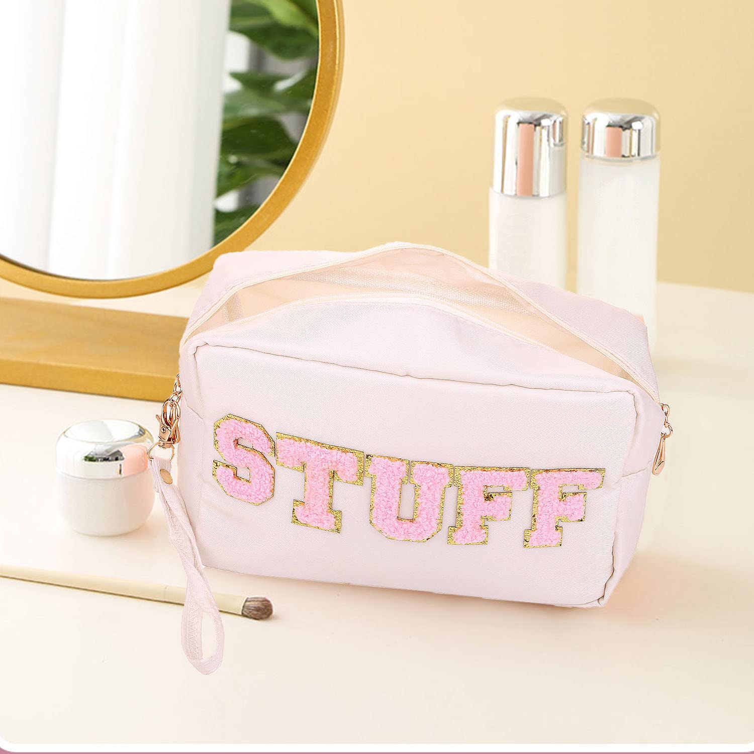 oaesc Nylon Cosmetic Bag Chenille Letter Patches Waterproof Travel Pouch Snack Makeup with Wrist Strap for Women (Beige-STUFF)