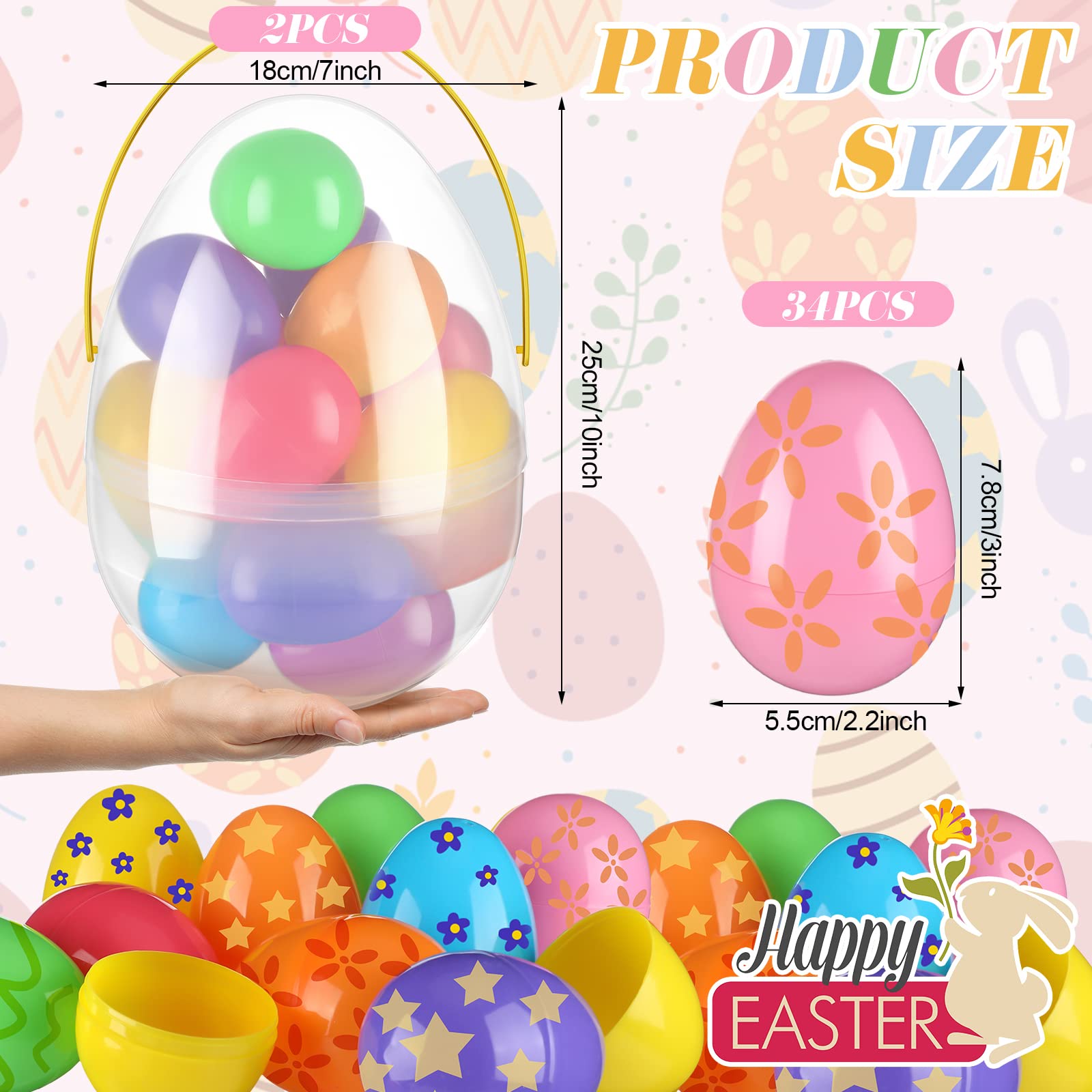 Jumbo Easter Egg Plastic Fillable Basket with 17 Easter Eggs Bulk Large Eggs Container Giant Clear Egg-Shaped Buckets with Handles for Easter Supplies and Decor, Surprise Egg, Easter Hunt (1 Pack)