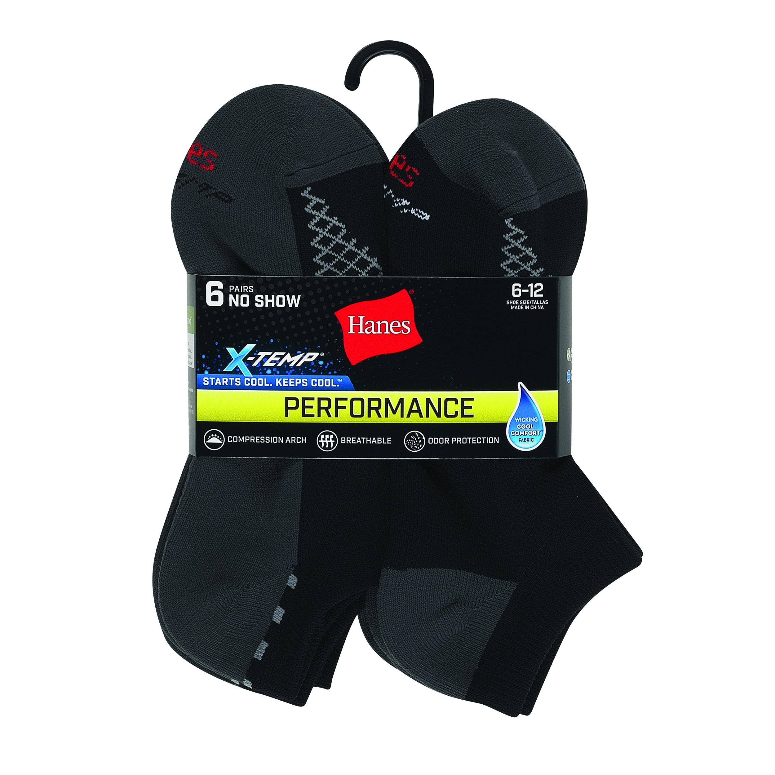 Hanes mens X-temp No Show 6-pair Pack, Available in Big & Tall Performance Sock, Black/Grey Heel Toe, 6 12 US