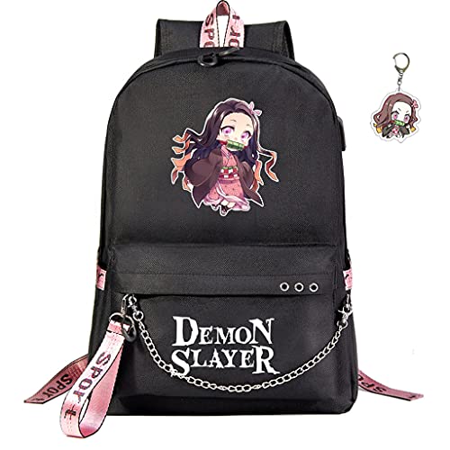 SodaMeow Anime Backpack Bag Nezuko Backpack Tanjiro Kimetsu no Yaiba, Free Keychain, with USB Charging Port (Black-A)…