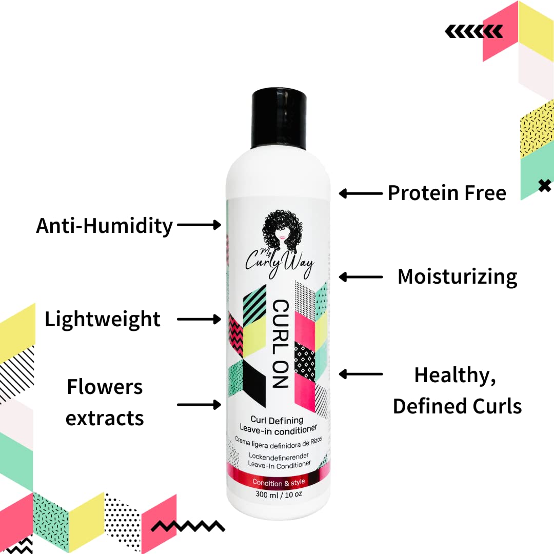My Curly Way Leave In Conditioner for Curly Hair, Packed with Fruit and Flower Extracts - 10 Oz. Curl On Light Moisturizer Cream for Curls, Waves and Coils 100% Vegan!