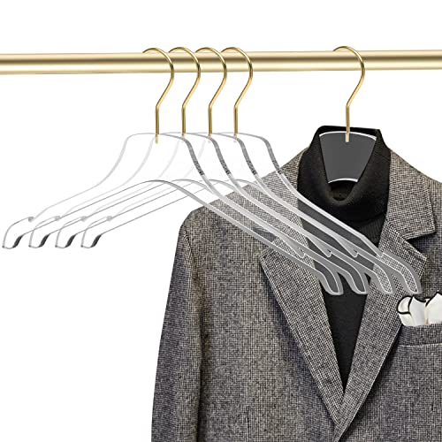 Quality Acrylic Clear Hangers, 5 Pack Clear Lucite Acrylic for a Luxurious Look and Feel with Swivel Hook, Suit Coat Shirt Dress Hangers (Clear - Matte Gold Hook, 5)