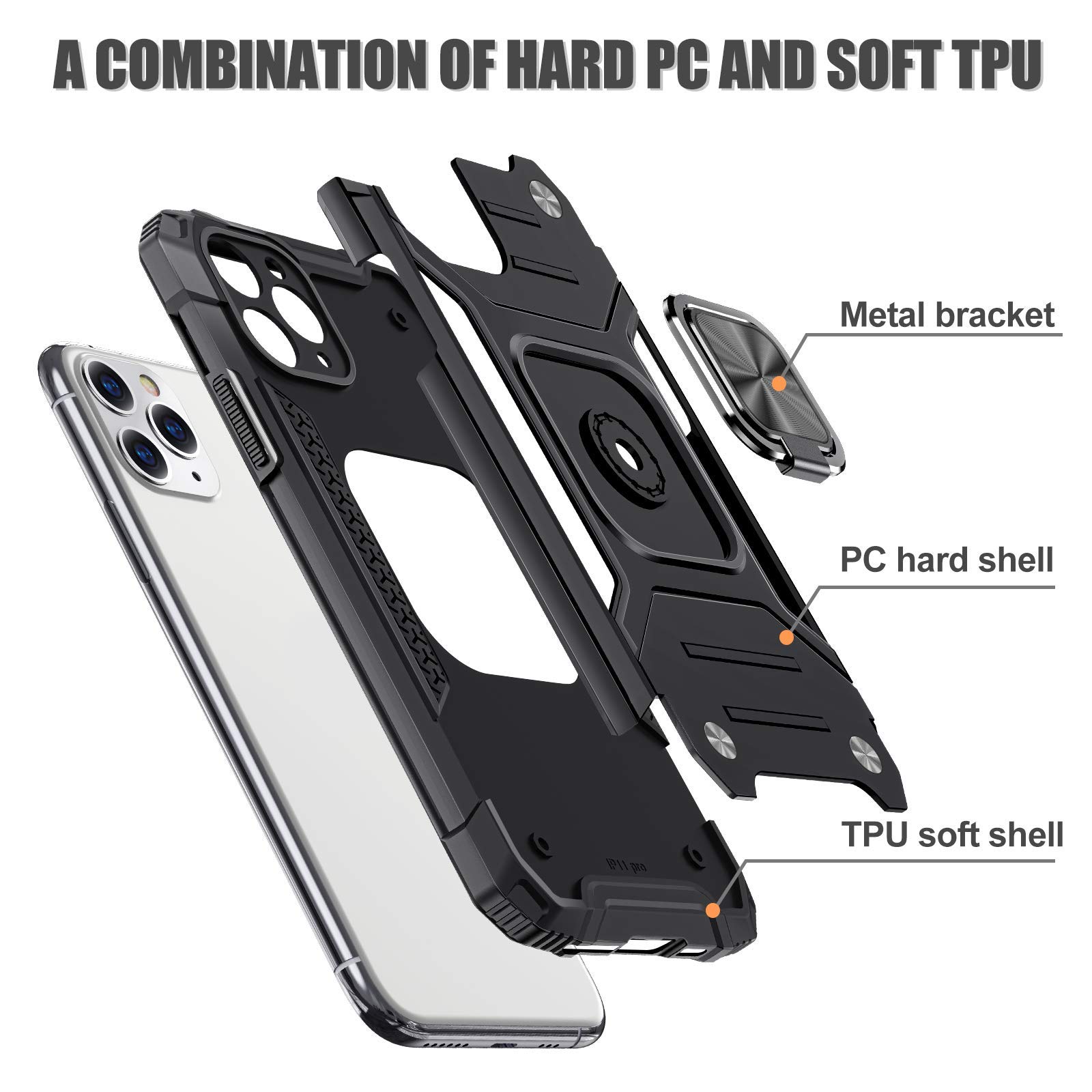 JAME Case for iPhone 11 Pro Max Case with [Tempered-Glass Screen Protector 2Pcs], Military-Grade Drop Protection, Shockproof Protective 11 ProMax Case, with Ring Kickstand for iPhone 11 Pro Max Purple