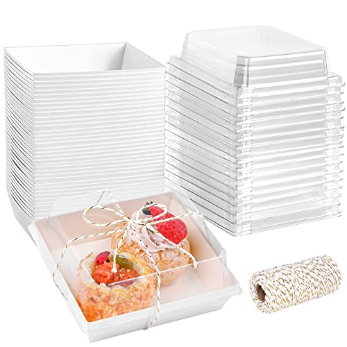 ZORRITA 50 Pack Paper Charcuterie Boxes with Clear Lids, Disposable Sandwich Boxes Square Cake Box To Go Food Containers for Bakery, Strawberries, Cake Slice and Cookies (White)